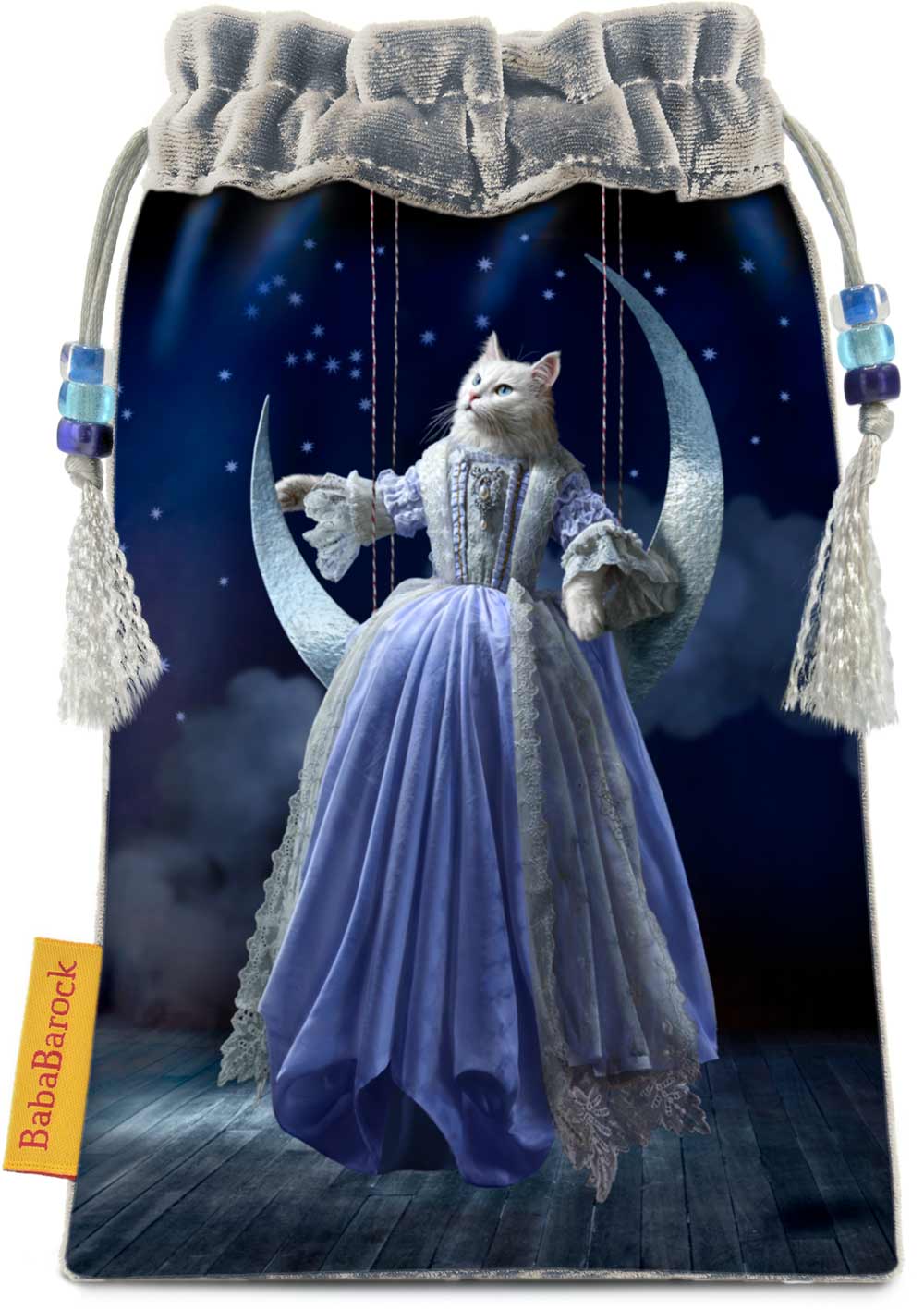 Bohemian Cats Theatre Tarot, The Moon - in silver silk velvet – BabaBarock, Baba Store