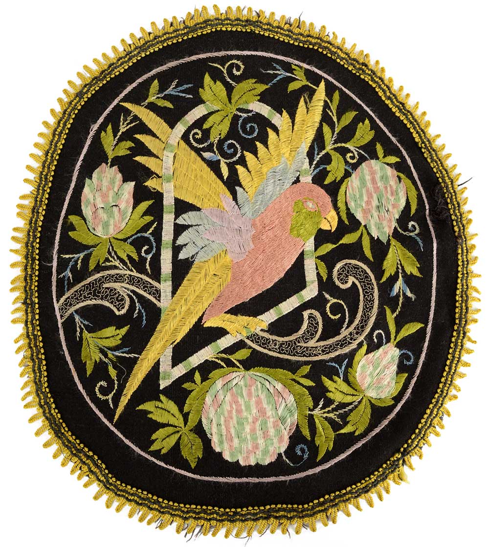 Antique embroidered parrot on perch. – BabaBarock, Baba Store